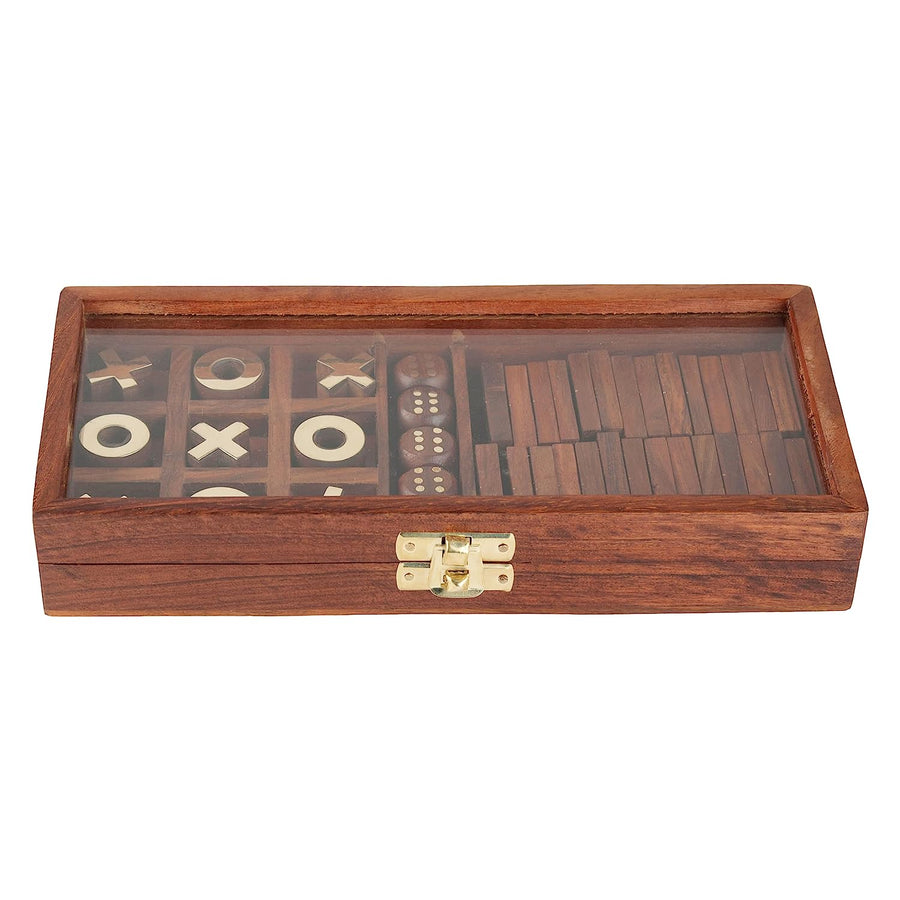 Wooden 3-in-1 Parlour Game Set | 28 Dominoes, Tic-Tac Toe and Wooden D ...