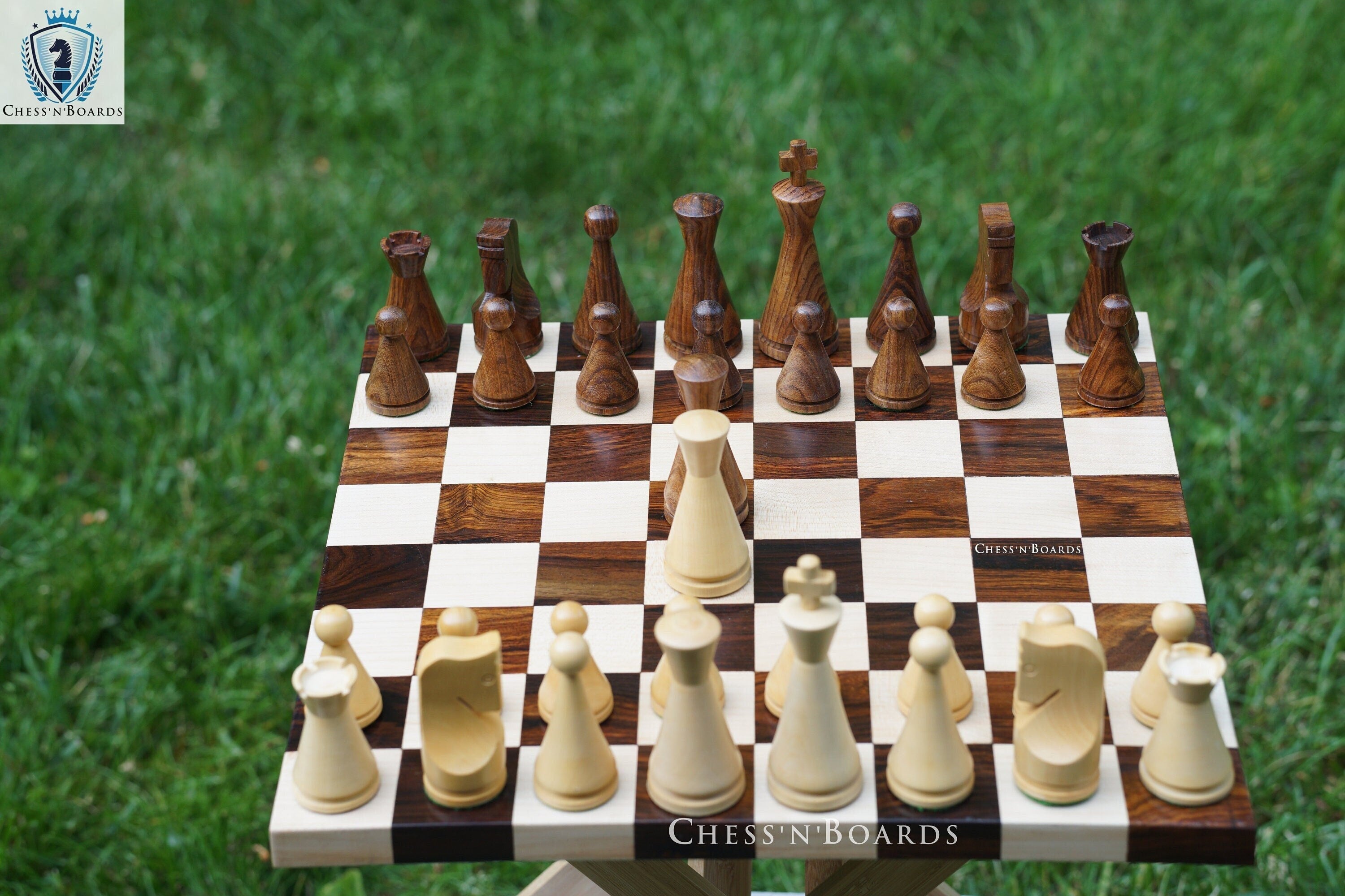 Russian Poni Chess Pieces with Double Sided Modern Walnut: Maple Board